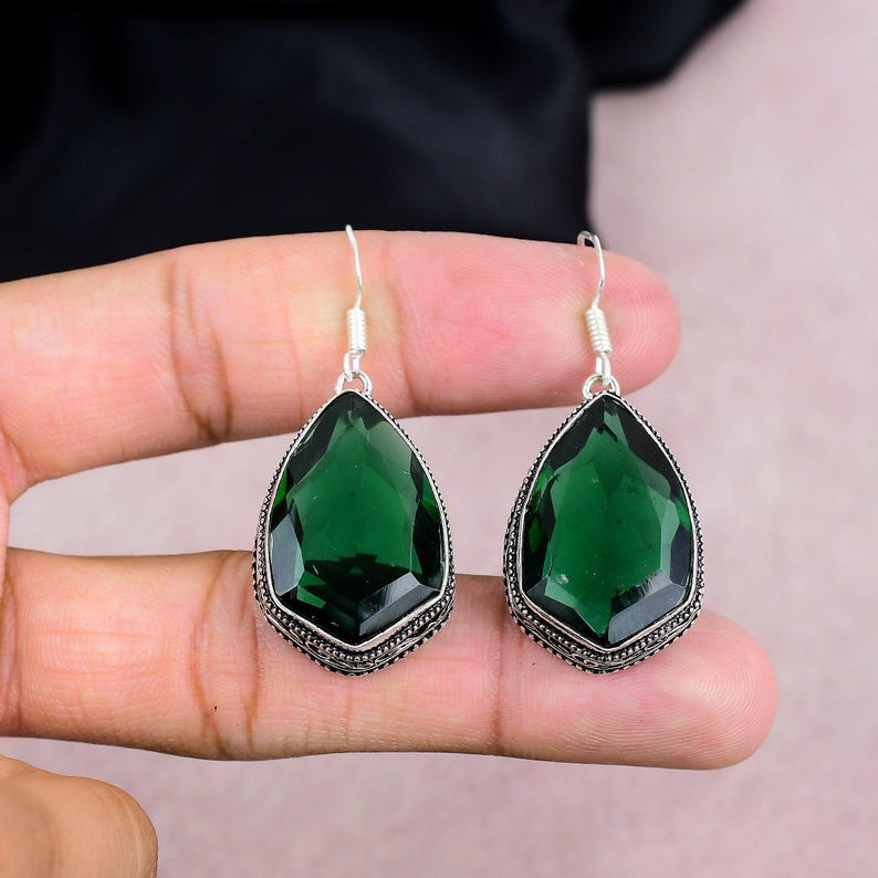 Lab-made Chrome Diopside Gemstone Antique Earrings, 925 Silver Plated ...