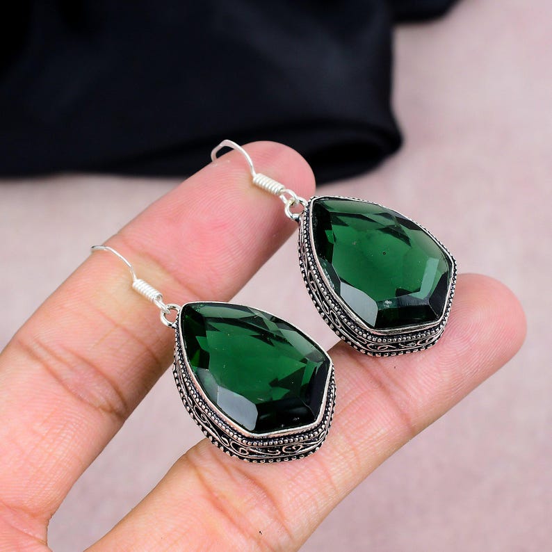 Lab-made Chrome Diopside Gemstone Antique Earrings, 925 Silver Plated ...