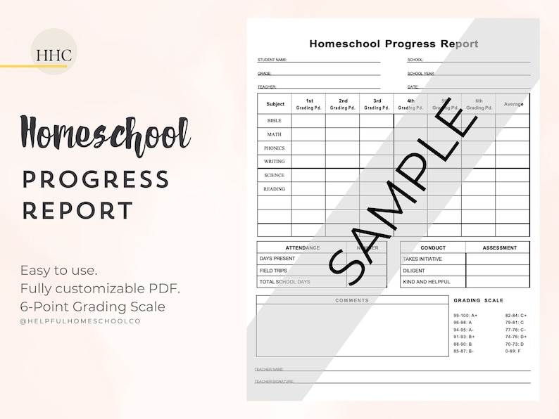 Homeschool Progress Report, Report Card for Abeka, Six-point Grading ...