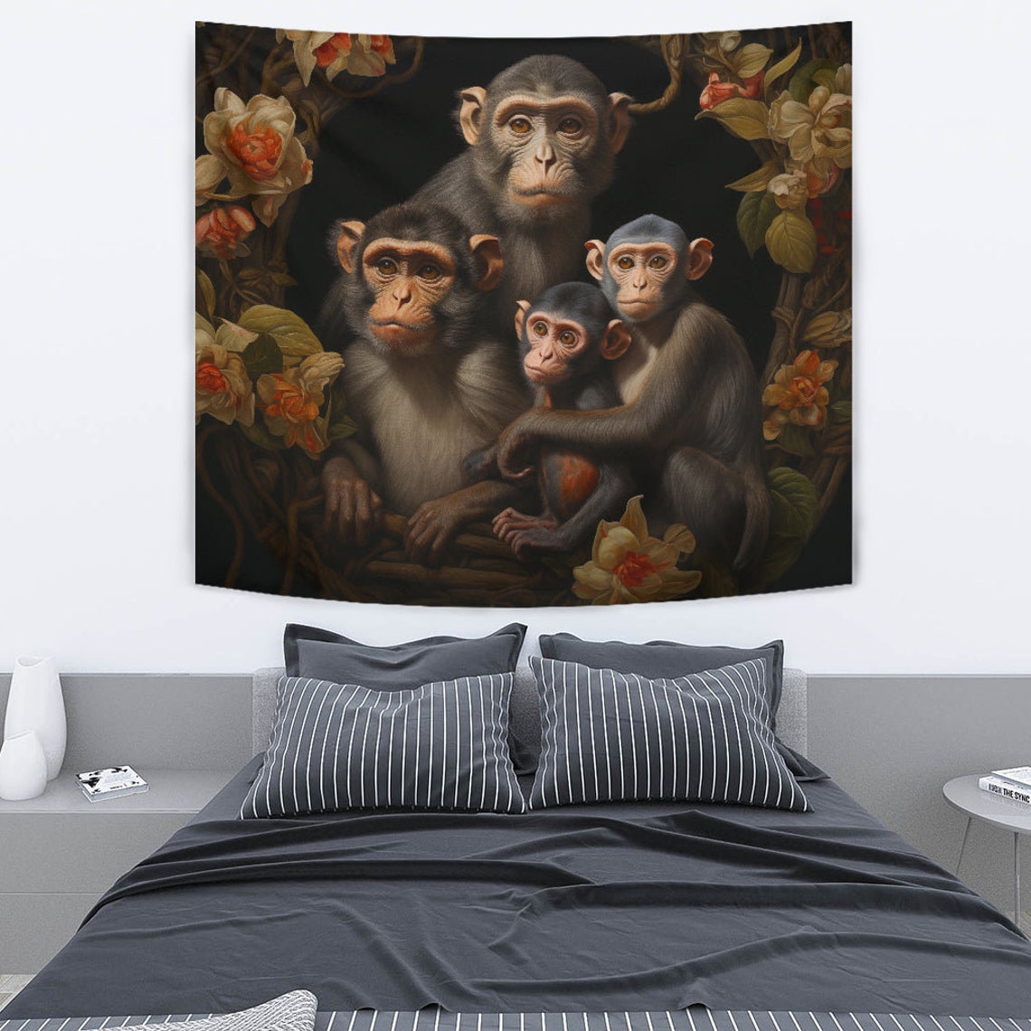 Monkey Family Tapestry, Wall Hanging Art, Monkey Family Room Decoration ...