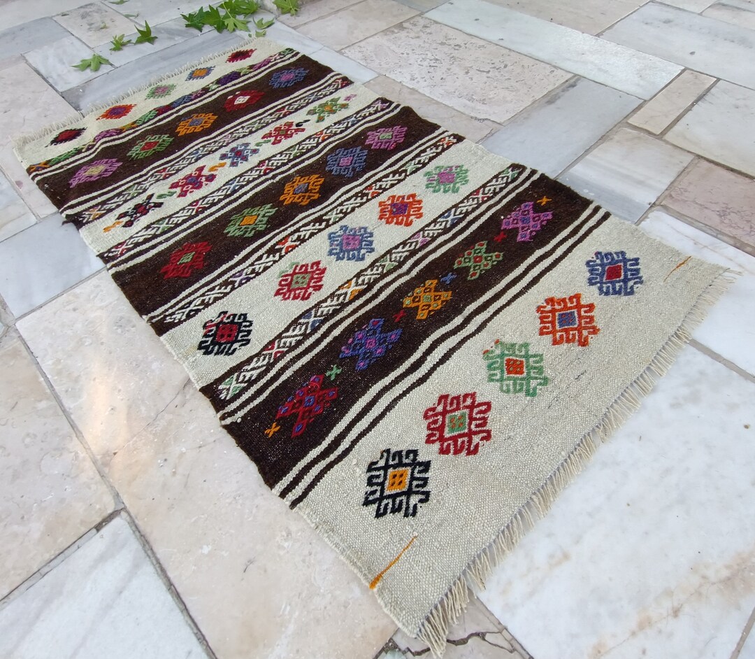 2.1x3.7 FT Hemp Stripe Rug Turkish Vintage Rug Kilim Rug Small Rug ...