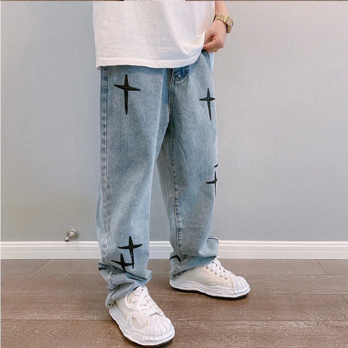 Embroidered Jeans Men Straight Loose Wide Leg Pants Fashion Etsy