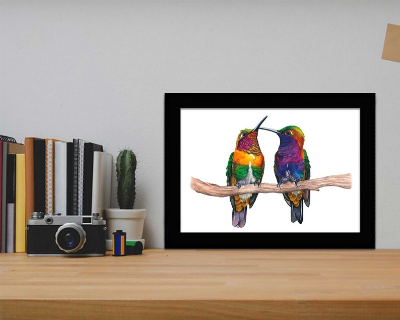 Hummingbird Watercolor Art Print Two Hummingbirds on Branch Hummingbird ...