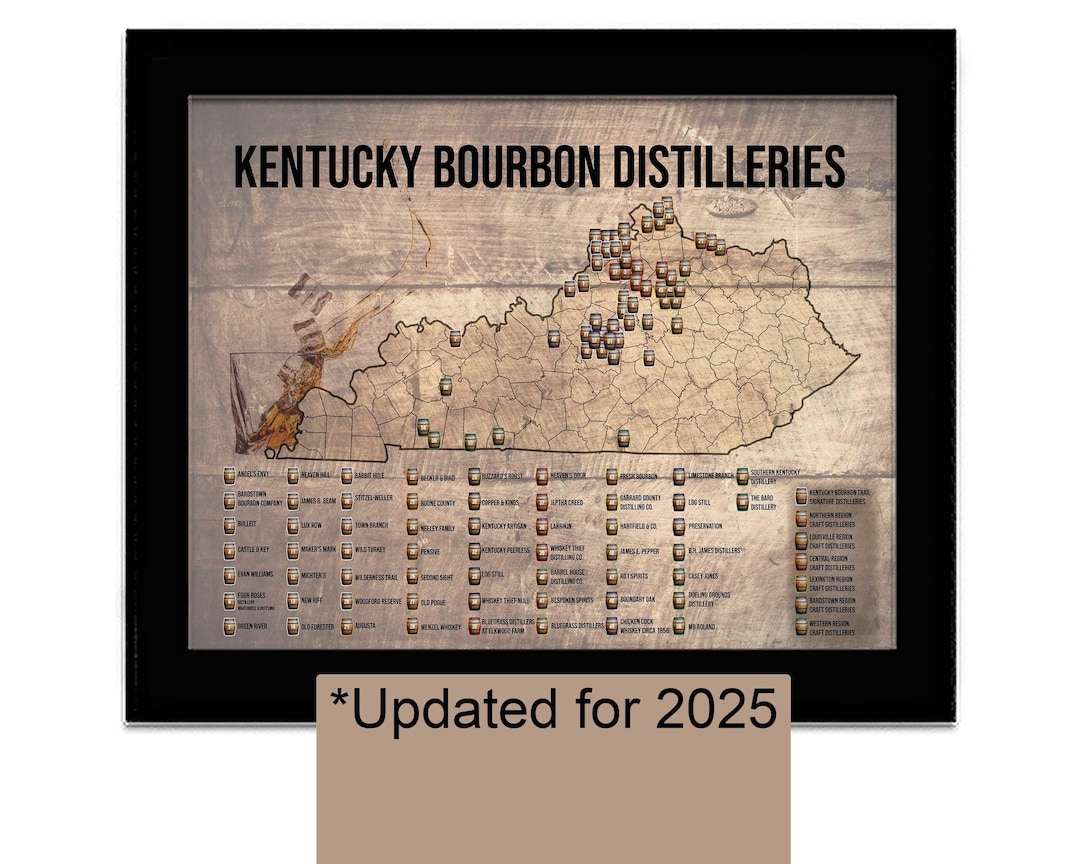 Kentucky Bourbon Distilleries Map Push Pin Map Bourbon Trail Wall Art ...
