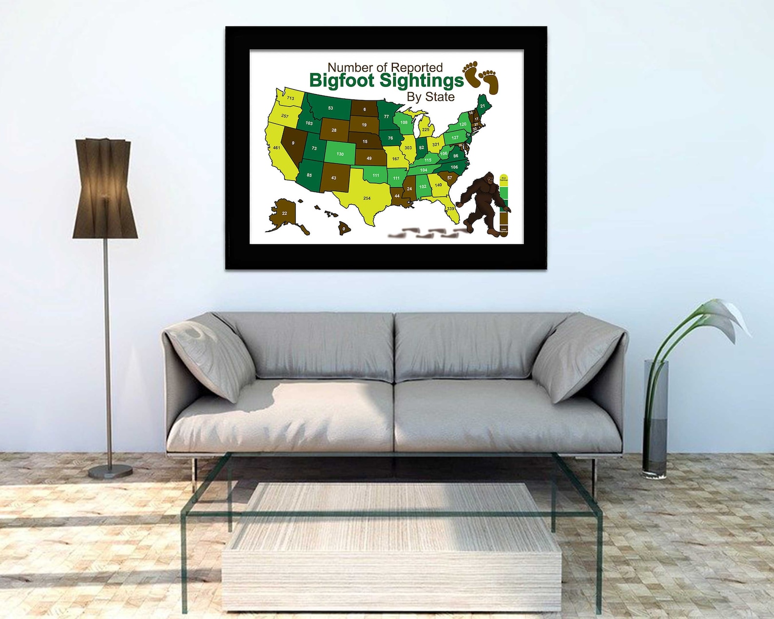 Bigfoot Sighting Map Sasquatch Art Print United States Cryptid Map ...