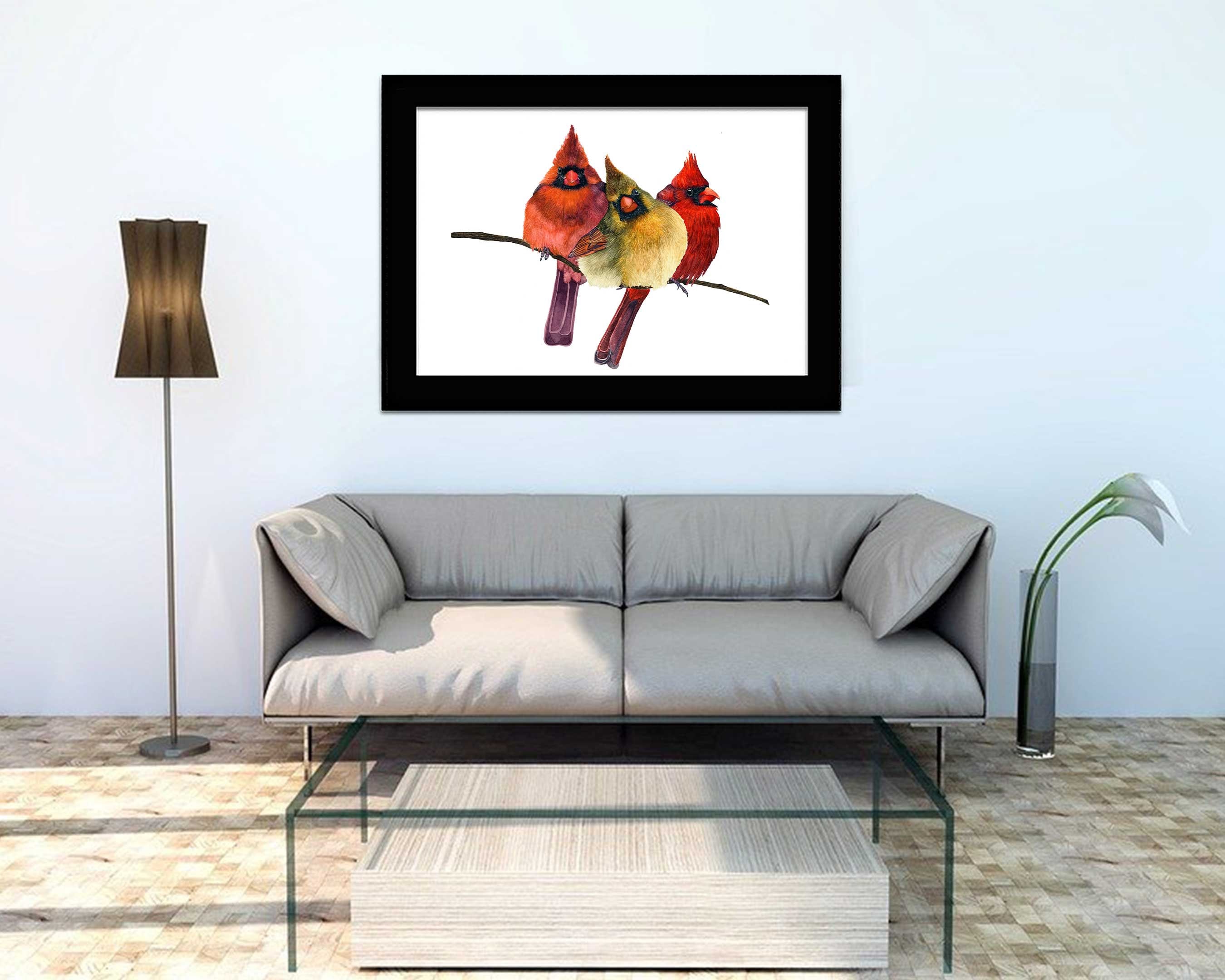 Cardinals Watercolor Art Print Three Cardinals on Branch Cardinal ...