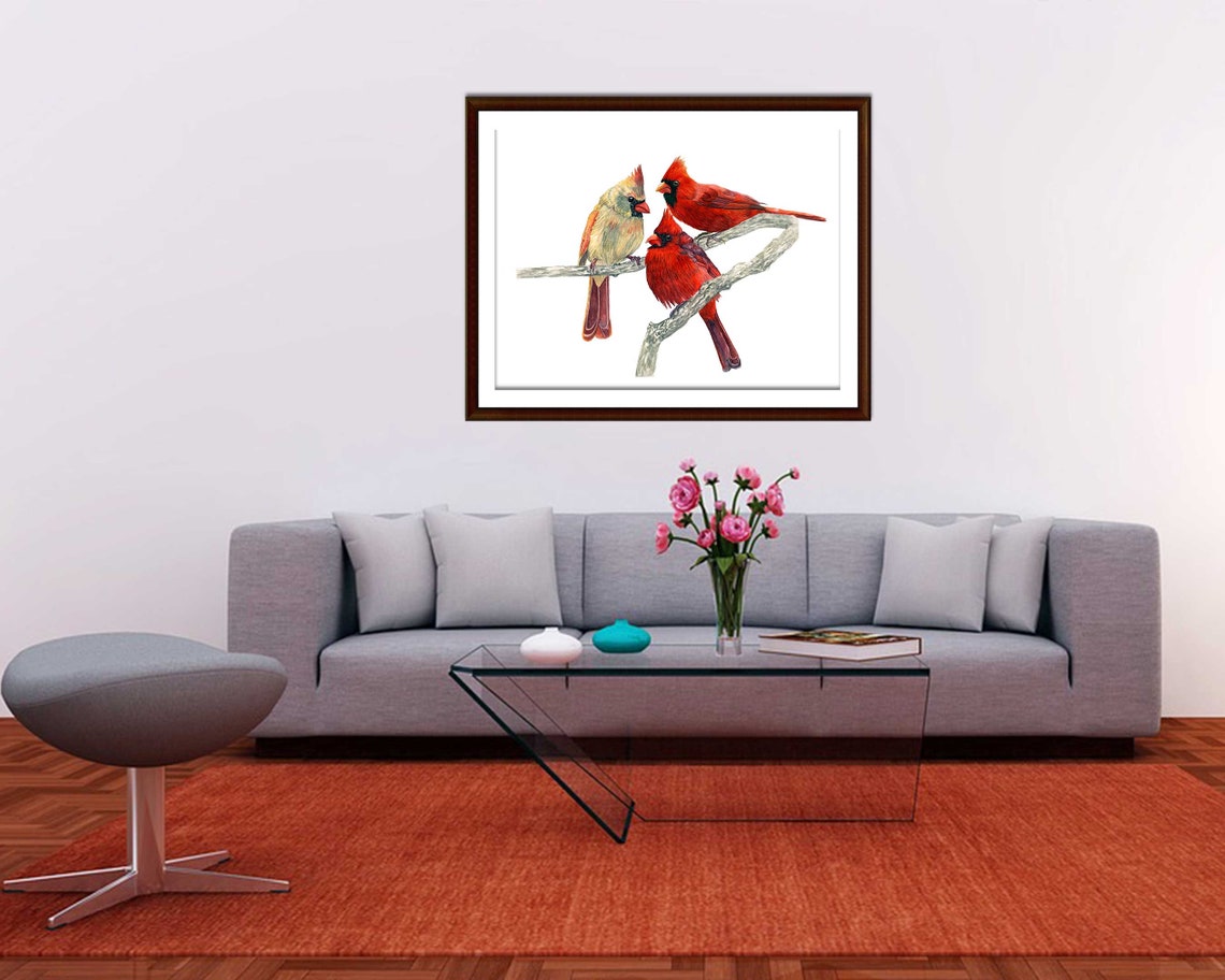 Three Cardinal Birds Realistic Watercolor Art Print. Male - Etsy