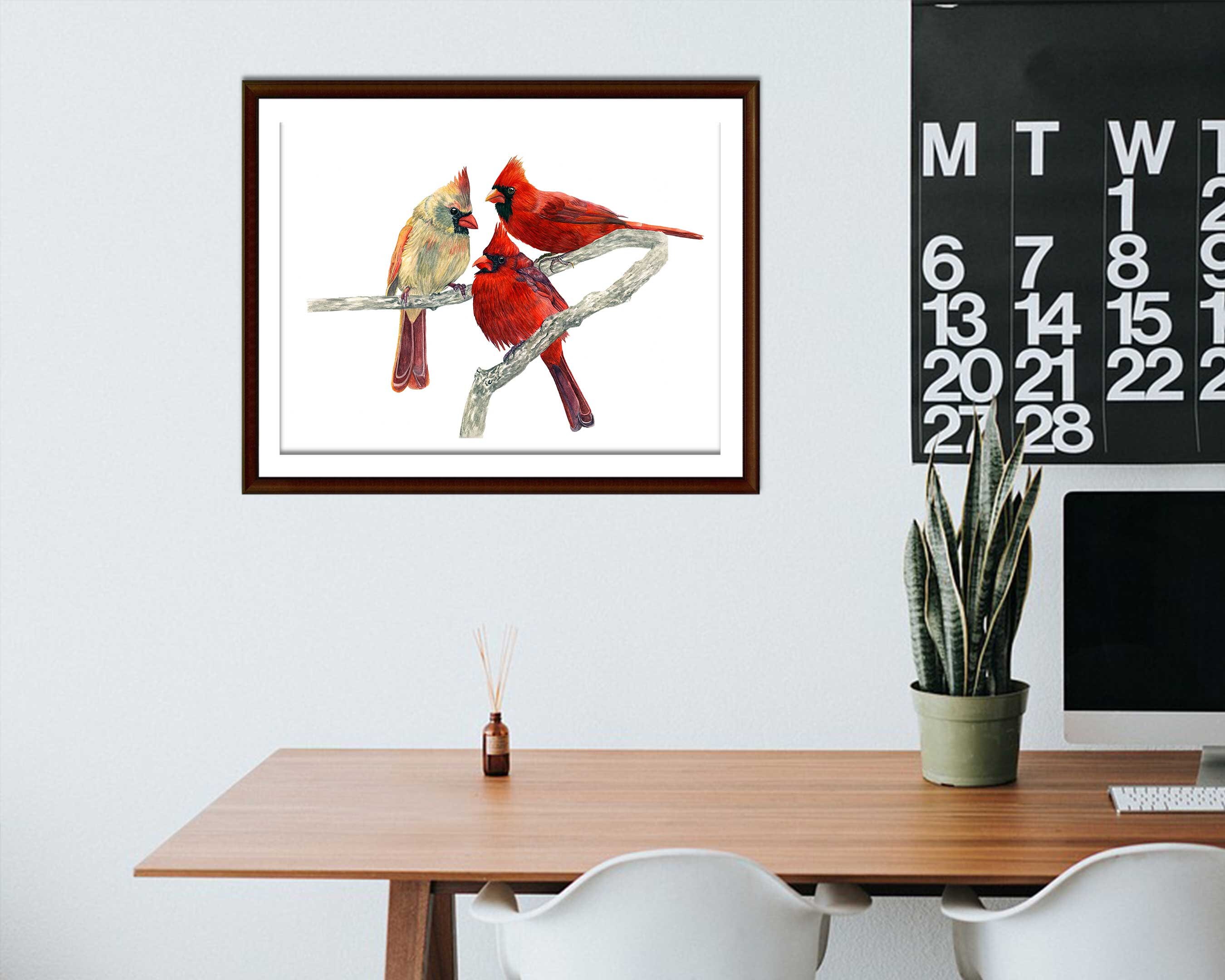 Three Cardinal Birds Realistic Watercolor Art Print. Male Cardinals and ...