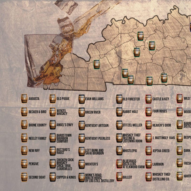 Kentucky Bourbon Distilleries Map Push Pin Map Bourbon Trail Wall Art ...
