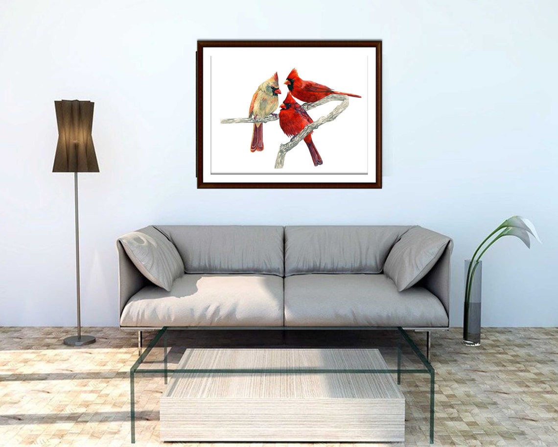 Three Cardinal Birds Realistic Watercolor Art Print. Male - Etsy