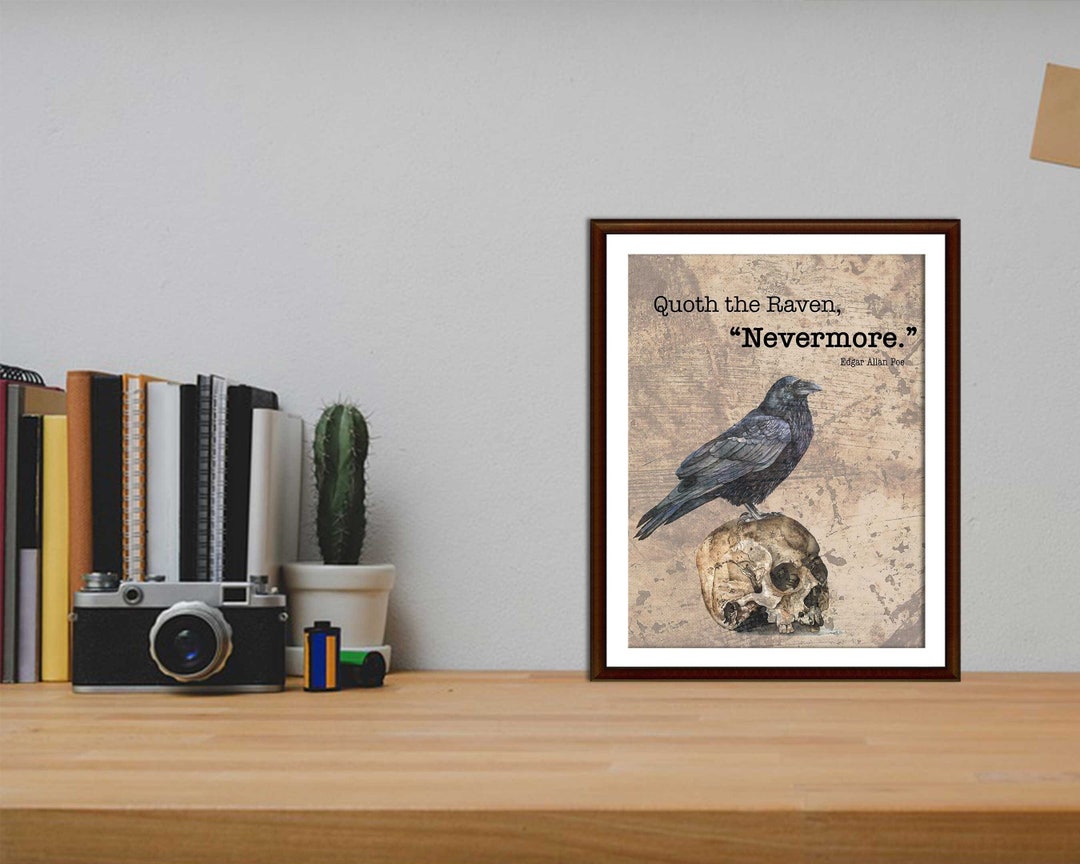 The Raven Nevermore Quote by Edgar Allan Poe. Raven on Skull Watercolor ...