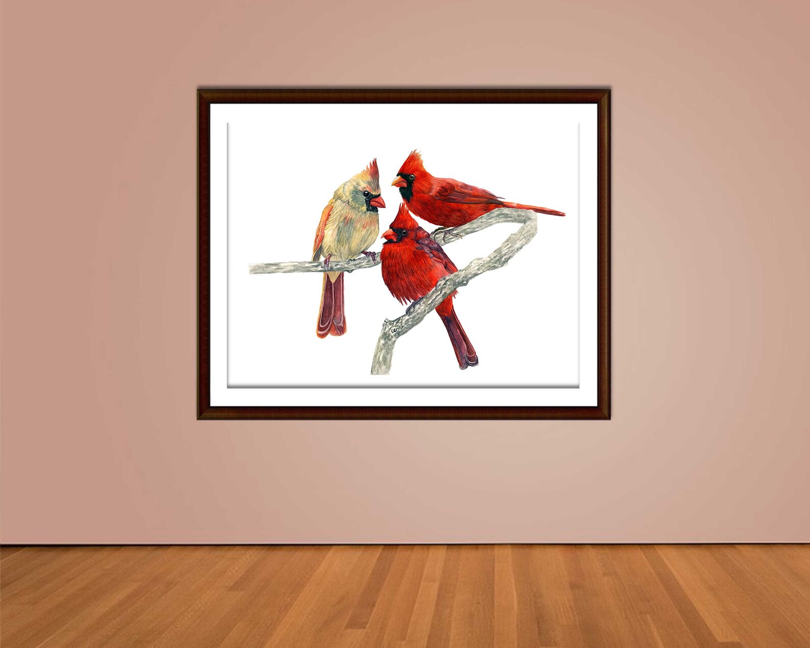 Three Cardinal Birds Realistic Watercolor Art Print. Male Cardinals and ...