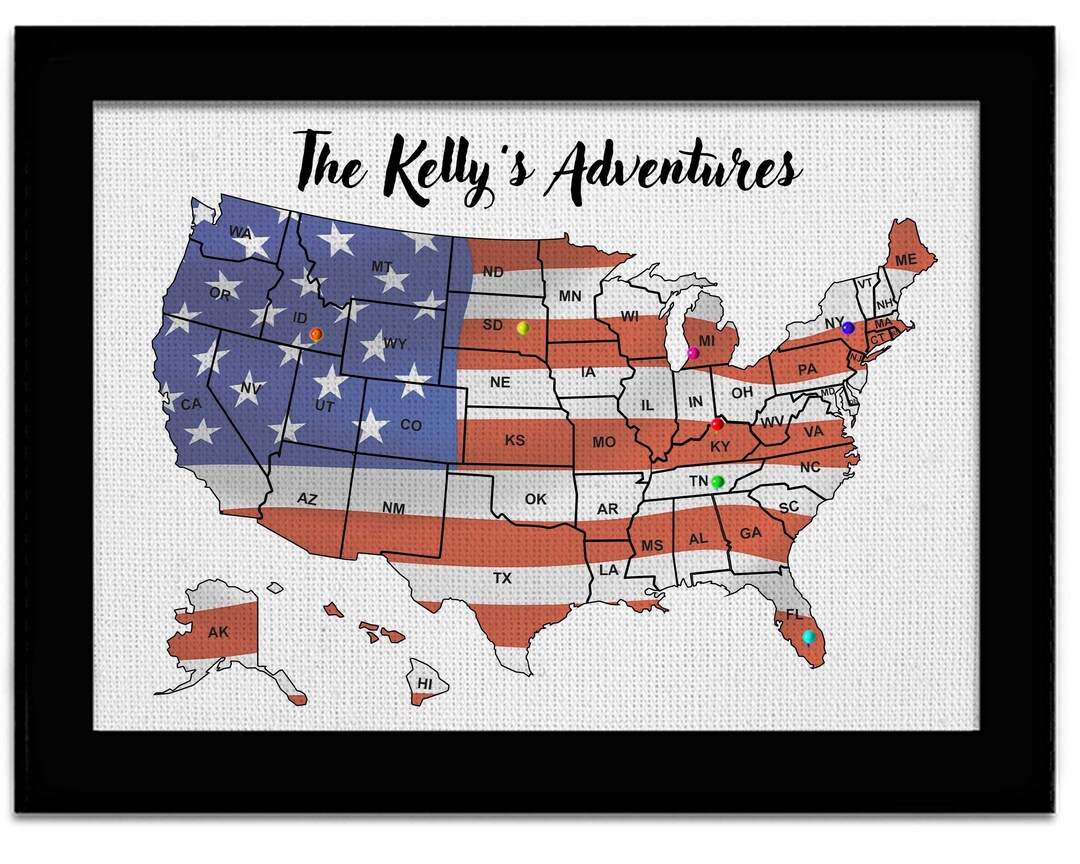 USA Flag Map US Travel Map Push Pin Map of the United States ...