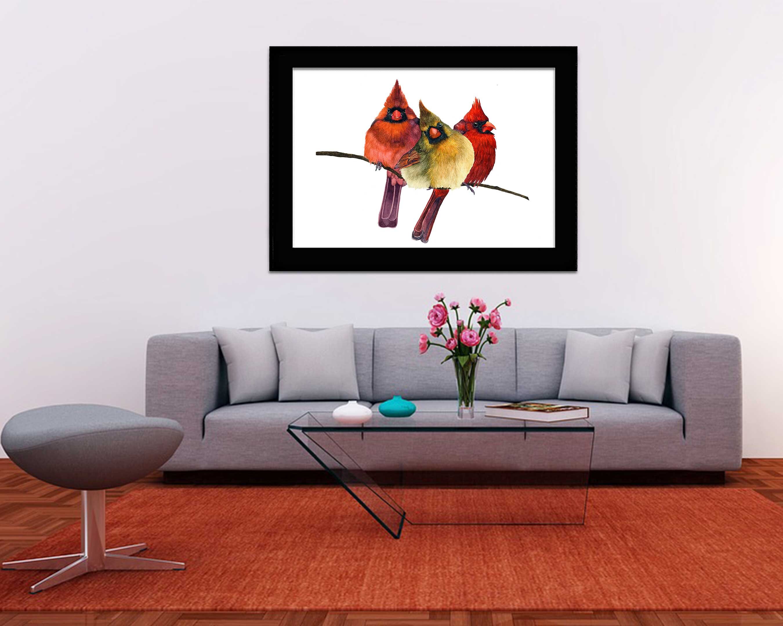 Cardinals Watercolor Art Print Three Cardinals on Branch Cardinal ...