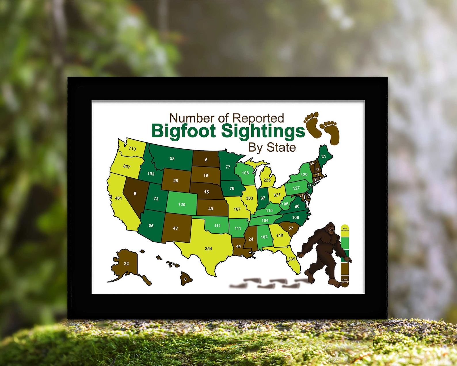 Bigfoot Sighting Map Sasquatch Art Print United States Cryptid Map ...