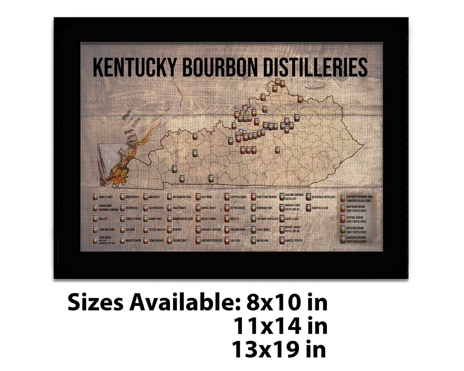 Kentucky Bourbon Distilleries Map Push Pin Map Bourbon Trail Wall Art ...