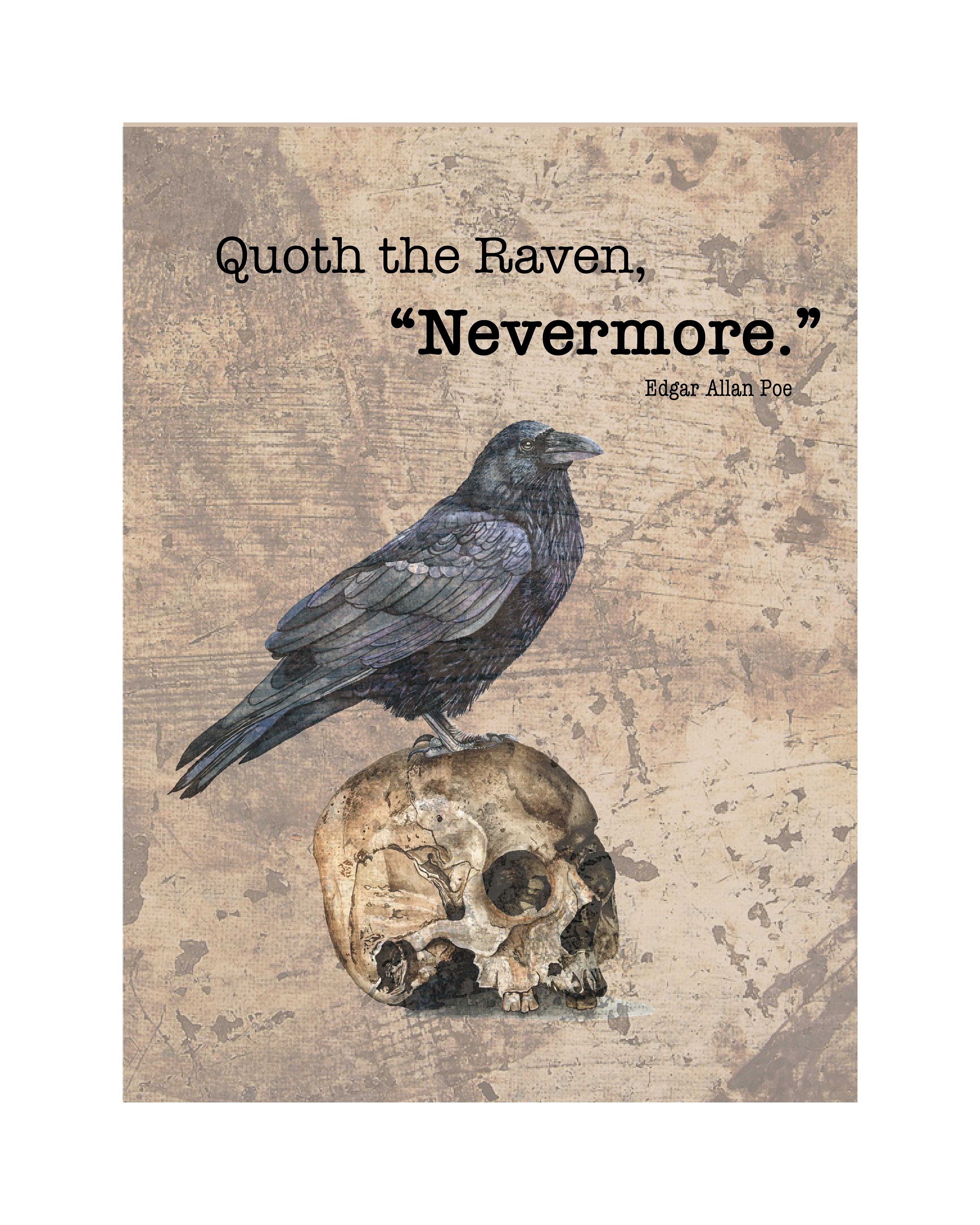 The Raven Nevermore Quote by Edgar Allan Poe. Raven on Skull Watercolor ...
