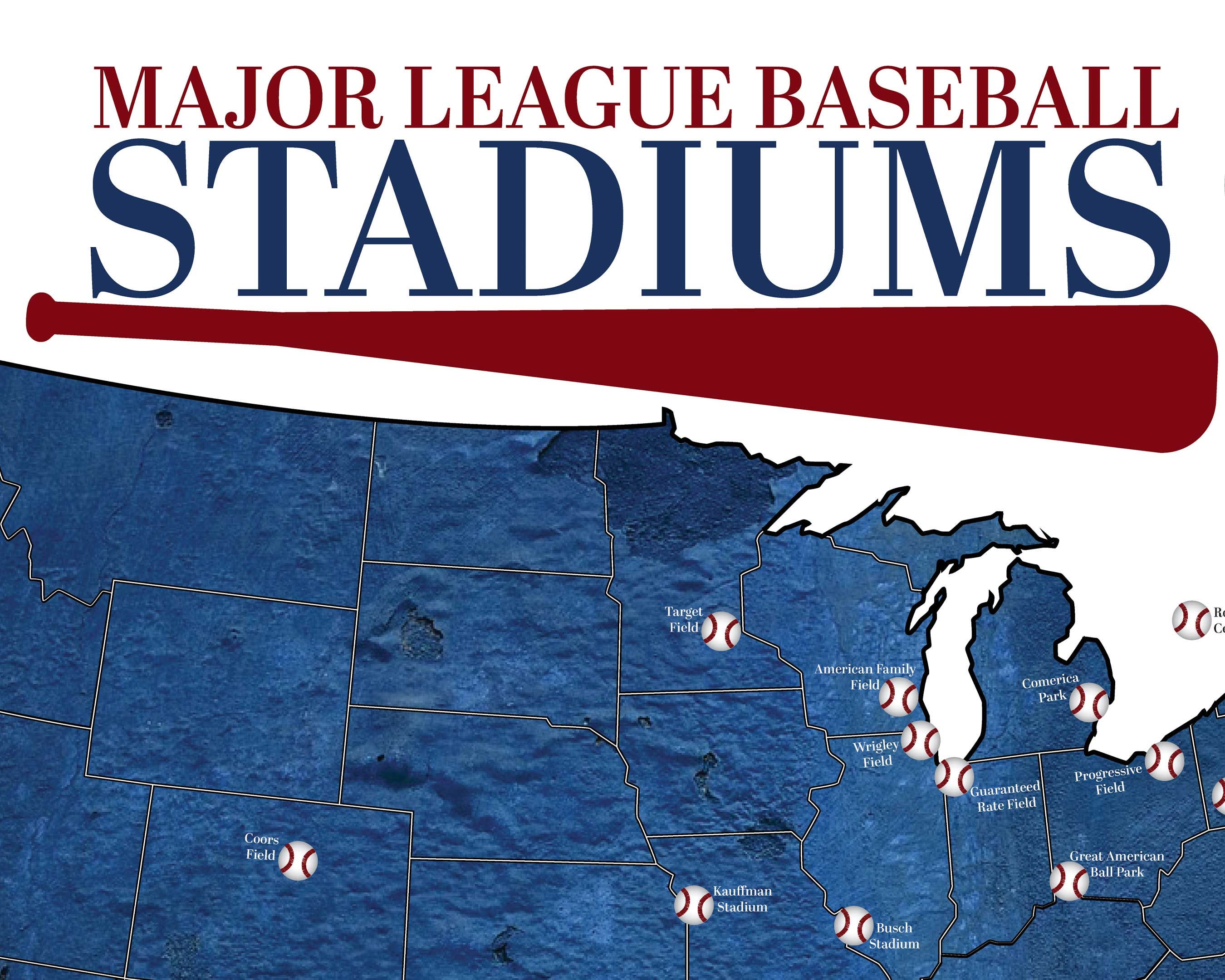 Major League Baseball Stadium Map MLB Push Pin Map Ballpark Stadium ...