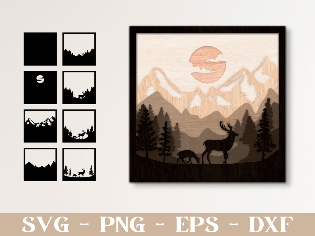 Square Mountain Scenery Laser Cut File, Deer Cnc Laser Cut Files ...
