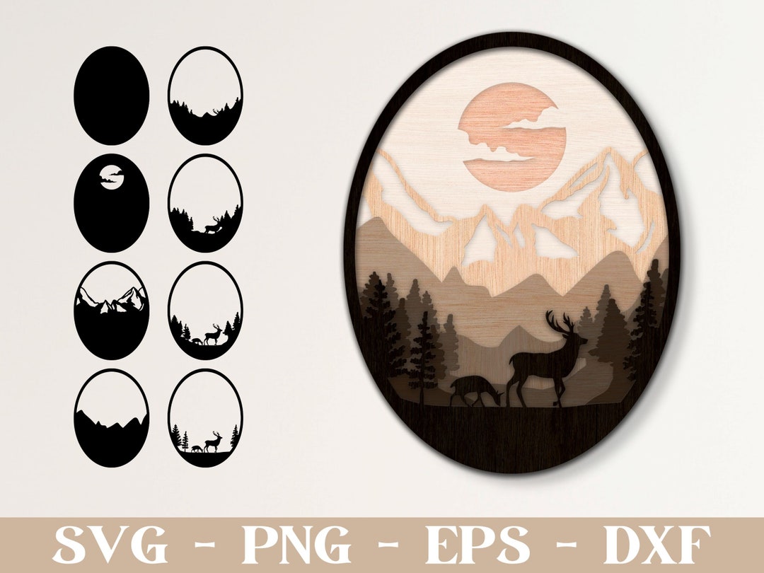 Oval Mountain Scenery Laser Cut File, Deer Cnc Laser Cut Files ...