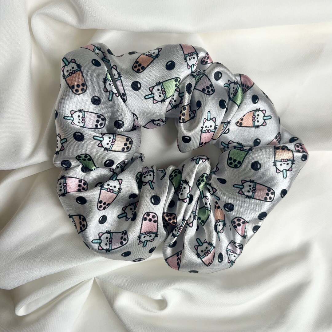 Satin Scrunchie Kitty Bubble Tea Satin Scrunchies Cat Lover Friend Gift ...