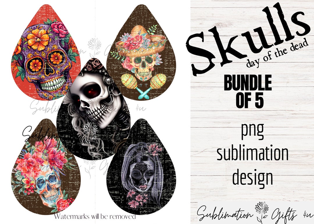 Day of the Dead, Skeleton Skull PNG Teardrop Earring Design Bundle ...