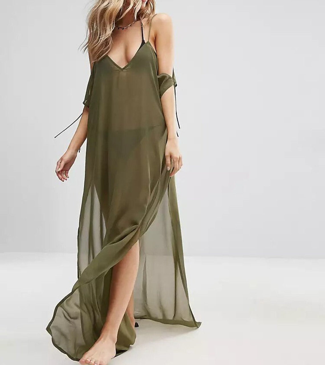 Chiffon Maxi Beach Caftan With Cold Shoulders/sheer Chiffon Beach Cover ...