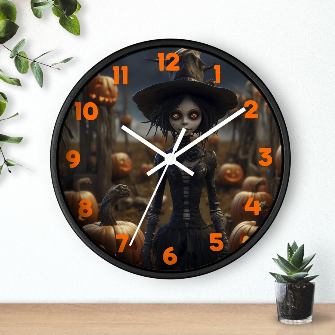 Scary Halloween Witch Wall Clock - Black Wood Frame - 10 Inch, Office ...