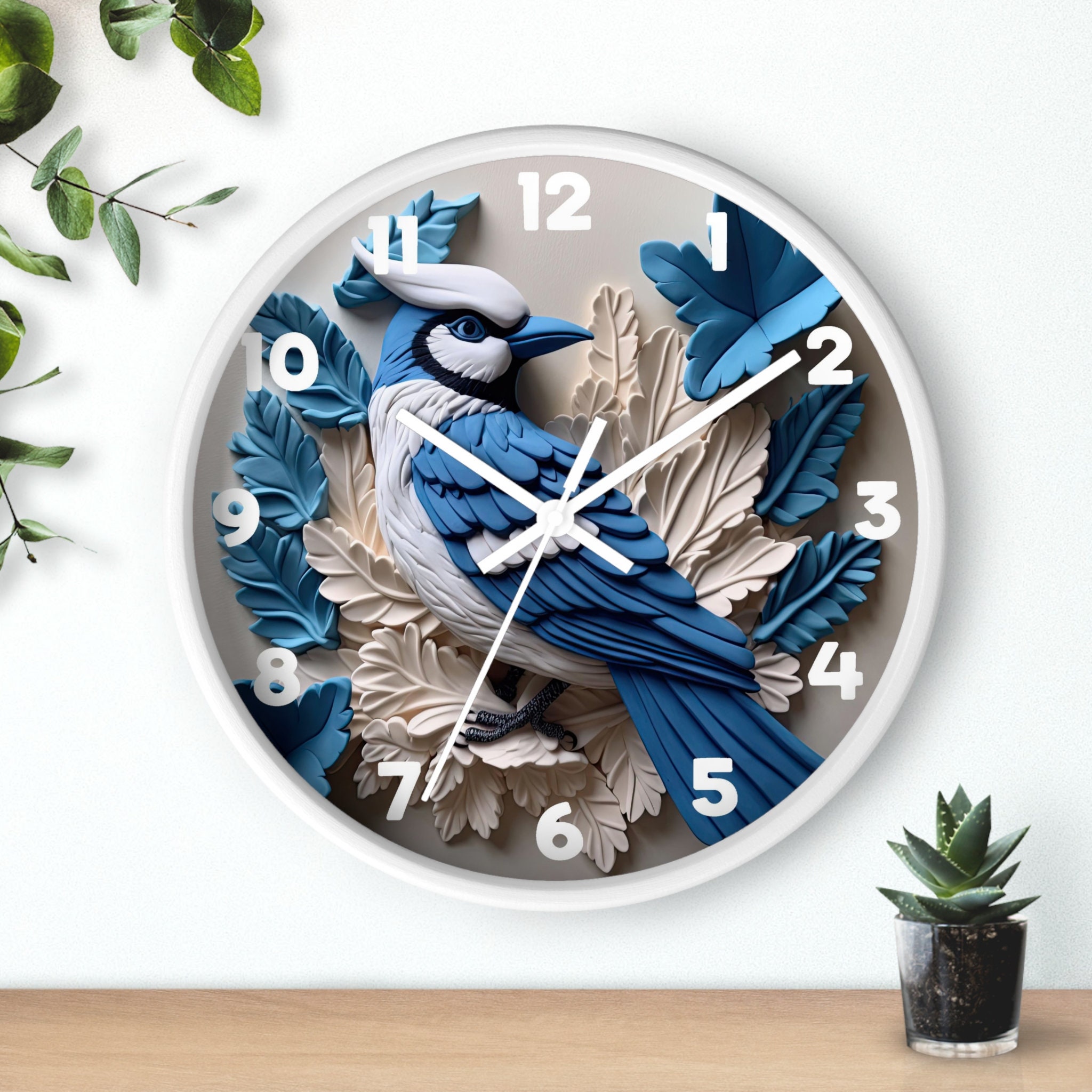 Blue Jay 3D Printed Design Wall Clock - Birds, White Wood Frame - 10 ...