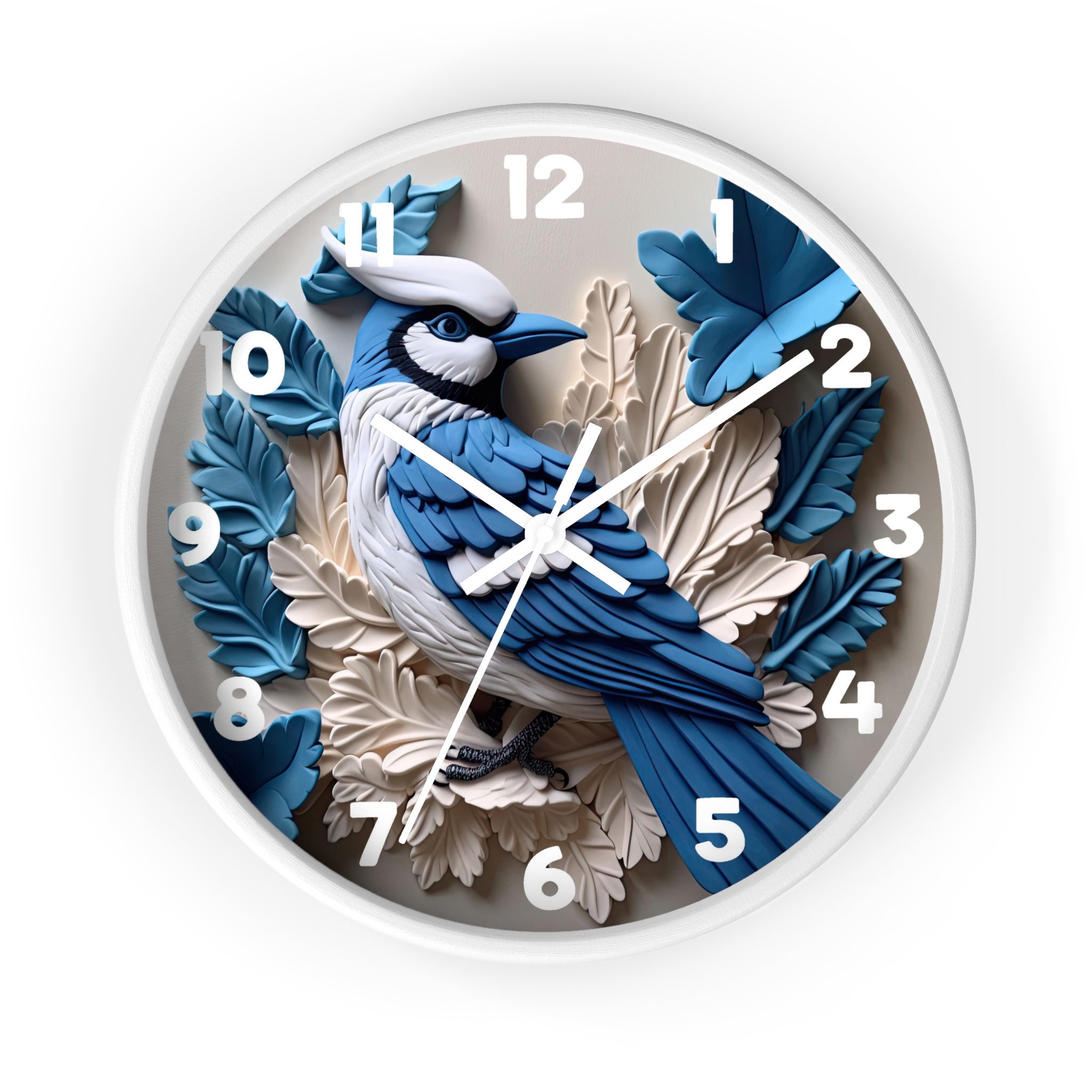 Blue Jay 3D Printed Design Wall Clock - Birds, White Wood Frame - 10 ...