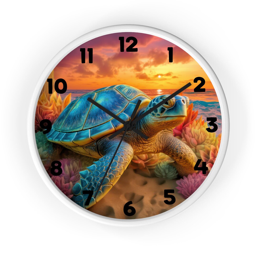 Sea Turtle Wall Clock 10 Inch Round, Beach House, Seaside, White Wood ...