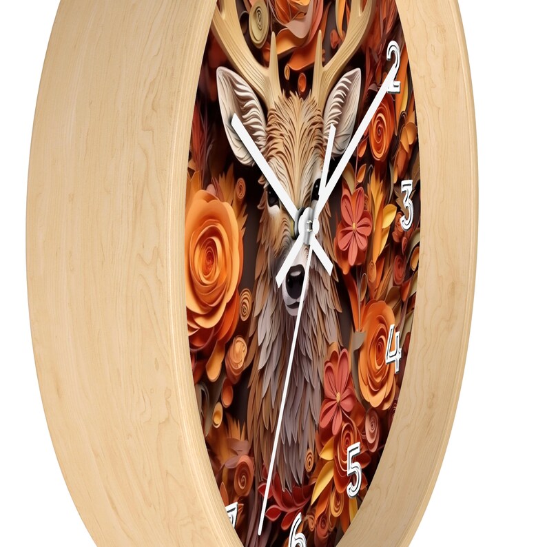 Deer Head 3D Printed Design Wall Clock - Natural Wood Frame, Cabin ...