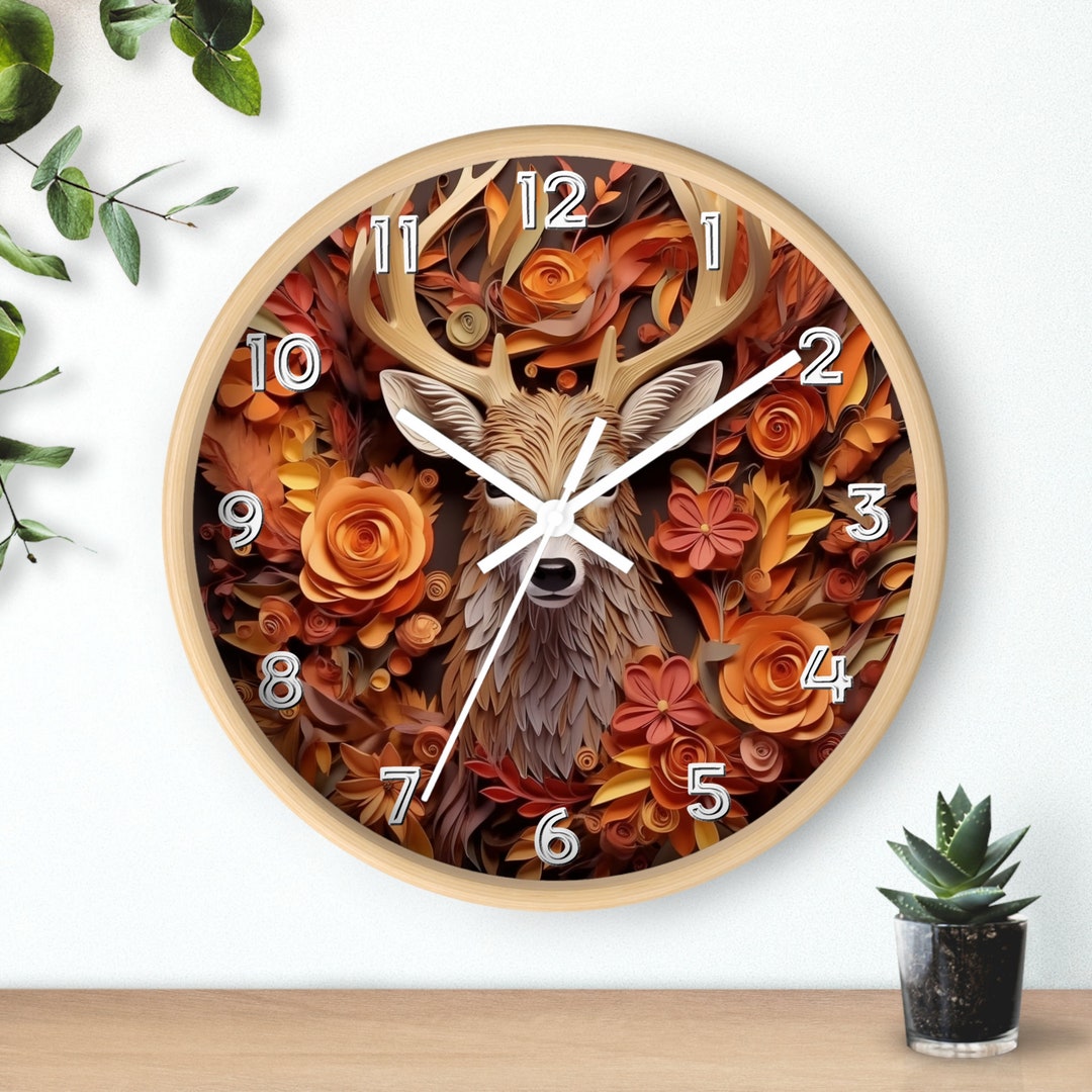 Deer Head 3D Printed Design Wall Clock - Natural Wood Frame, Cabin ...