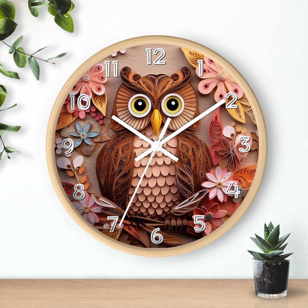 Owl 3D Printed Design Wall Clock - Natural Wood Frame - 10 Inch - Etsy