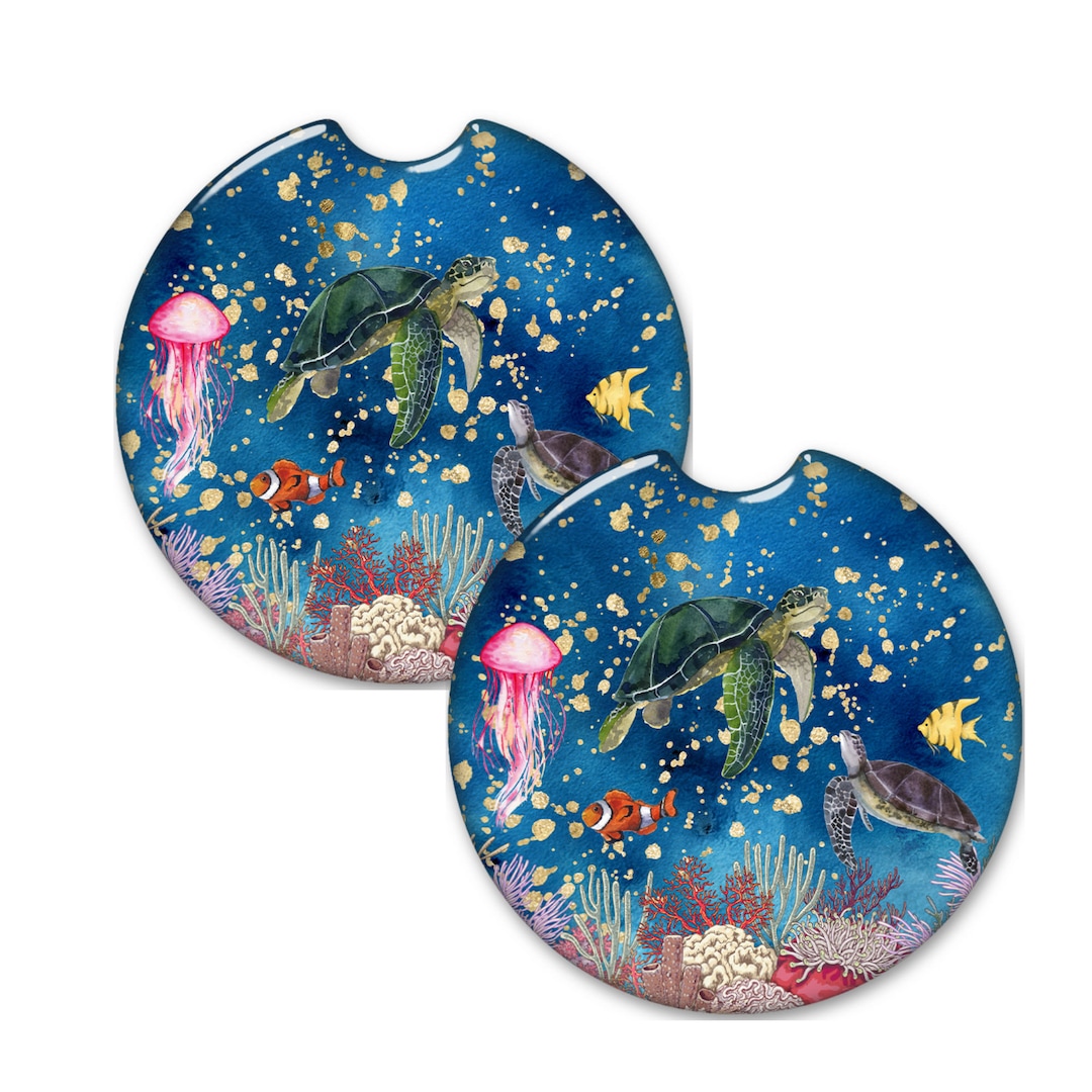 Sea Turtles Gloss Sandstone Car Coasters Set of 2 - Gloss Finish, Car ...