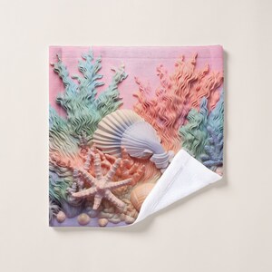 3pc Bath Towel Set, Coral, Seashells, Beach, Ocean, Polyester & Cotton ...