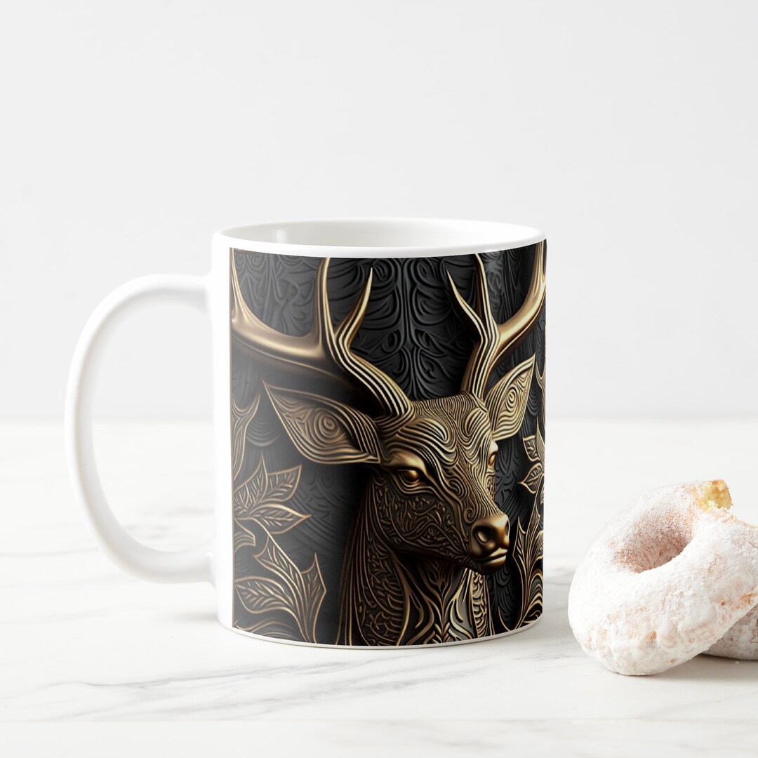 3D Looking Gold Deer Buck Hunter Design Ceramic Coffee Mug 11oz ...