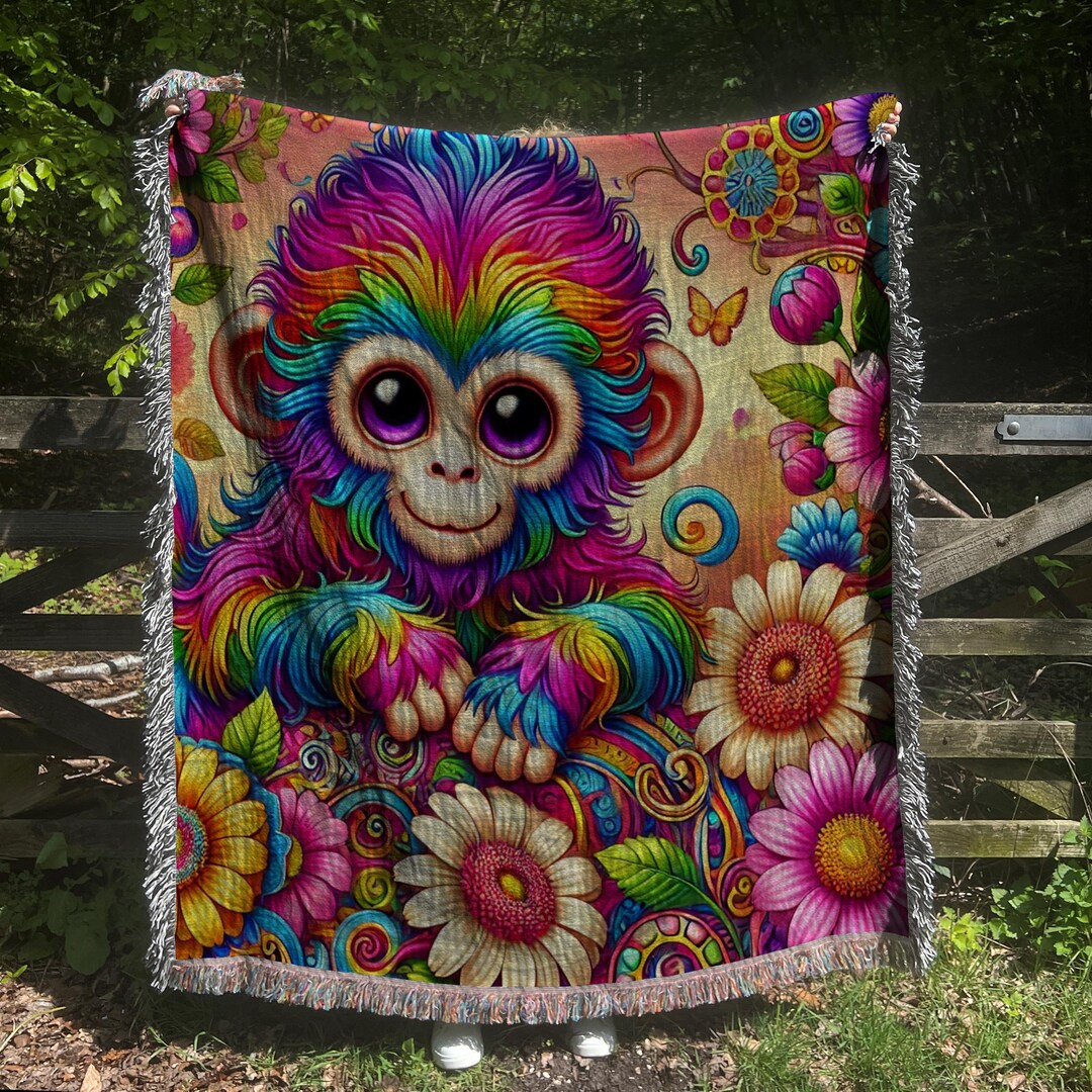 Colorful Psychedelic Monkey Woven Blanket, Fringed, Cozy, Tapestry ...