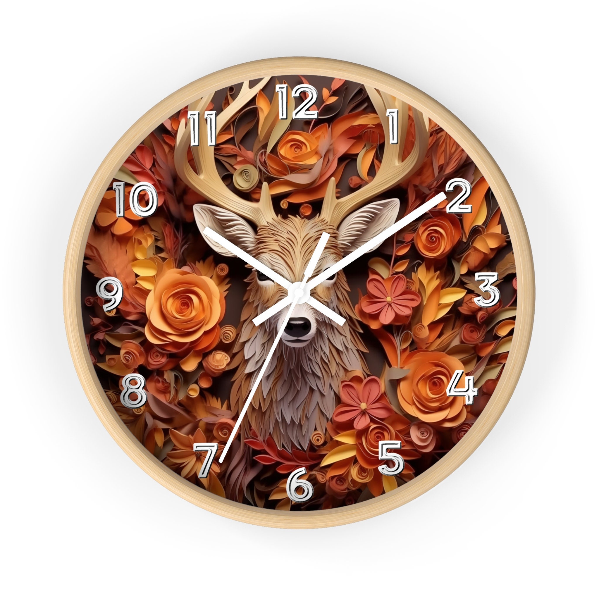 Deer Head 3D Printed Design Wall Clock - Natural Wood Frame, Cabin ...