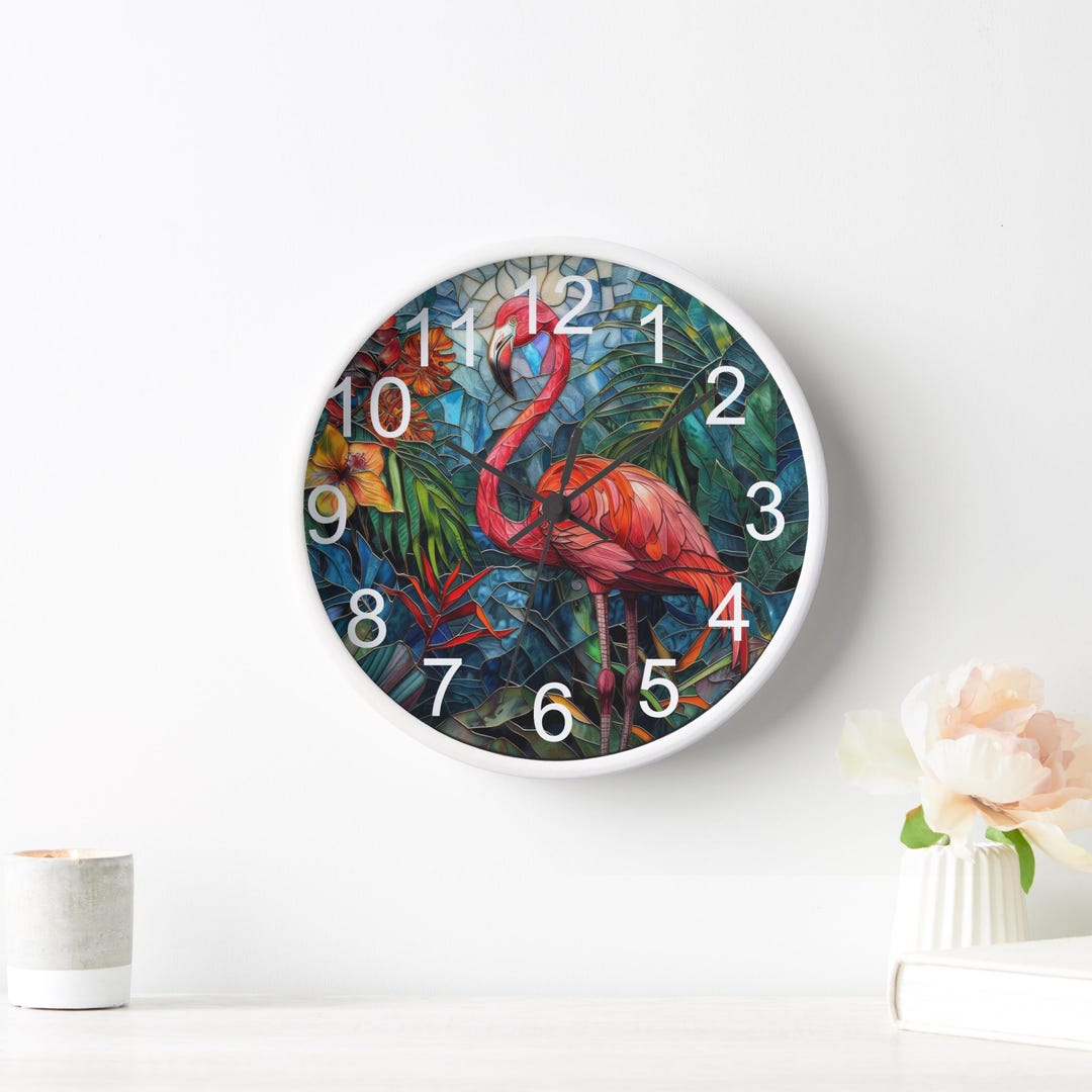 Tropical Pink Flamingo Stain Glass Looking Printed Design Wall Clock ...