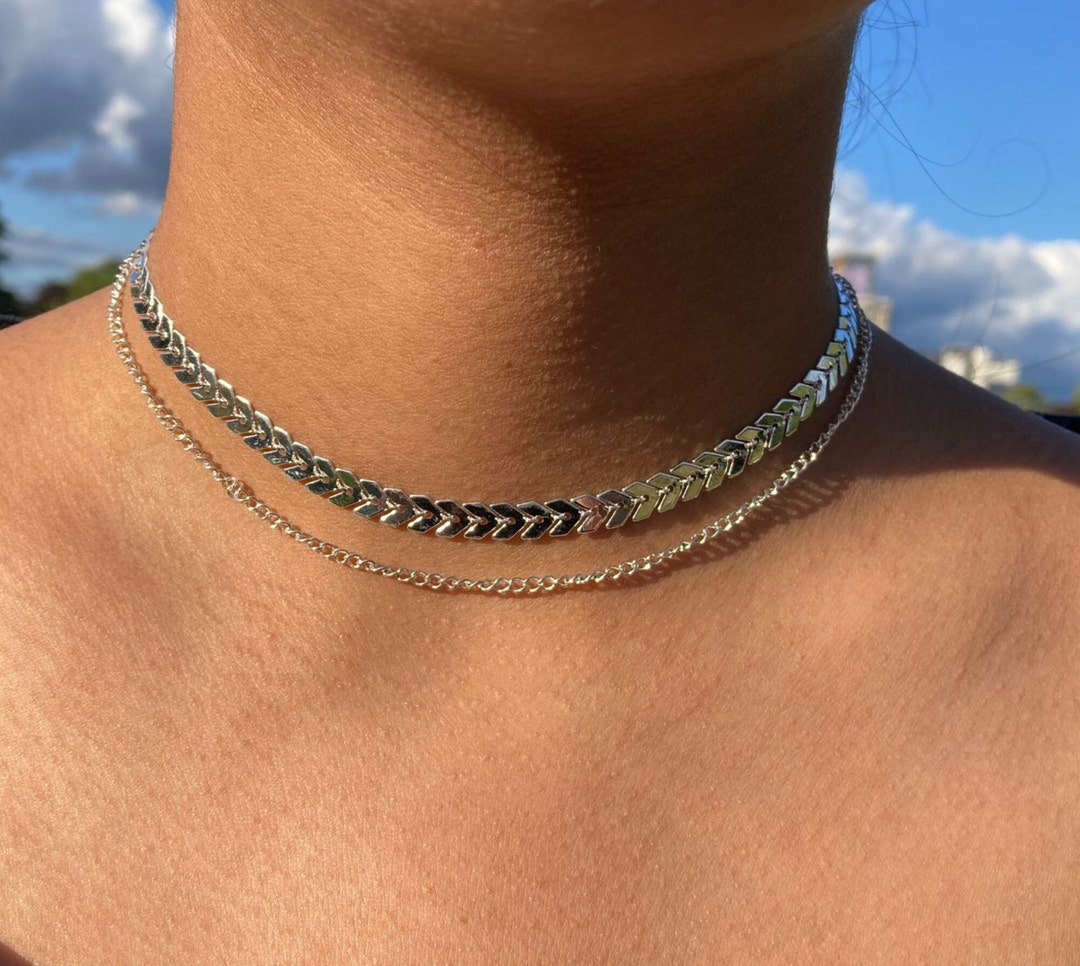 Double Layered Boho Choker Necklace Gold Plated Dainty Fishbone Choker ...