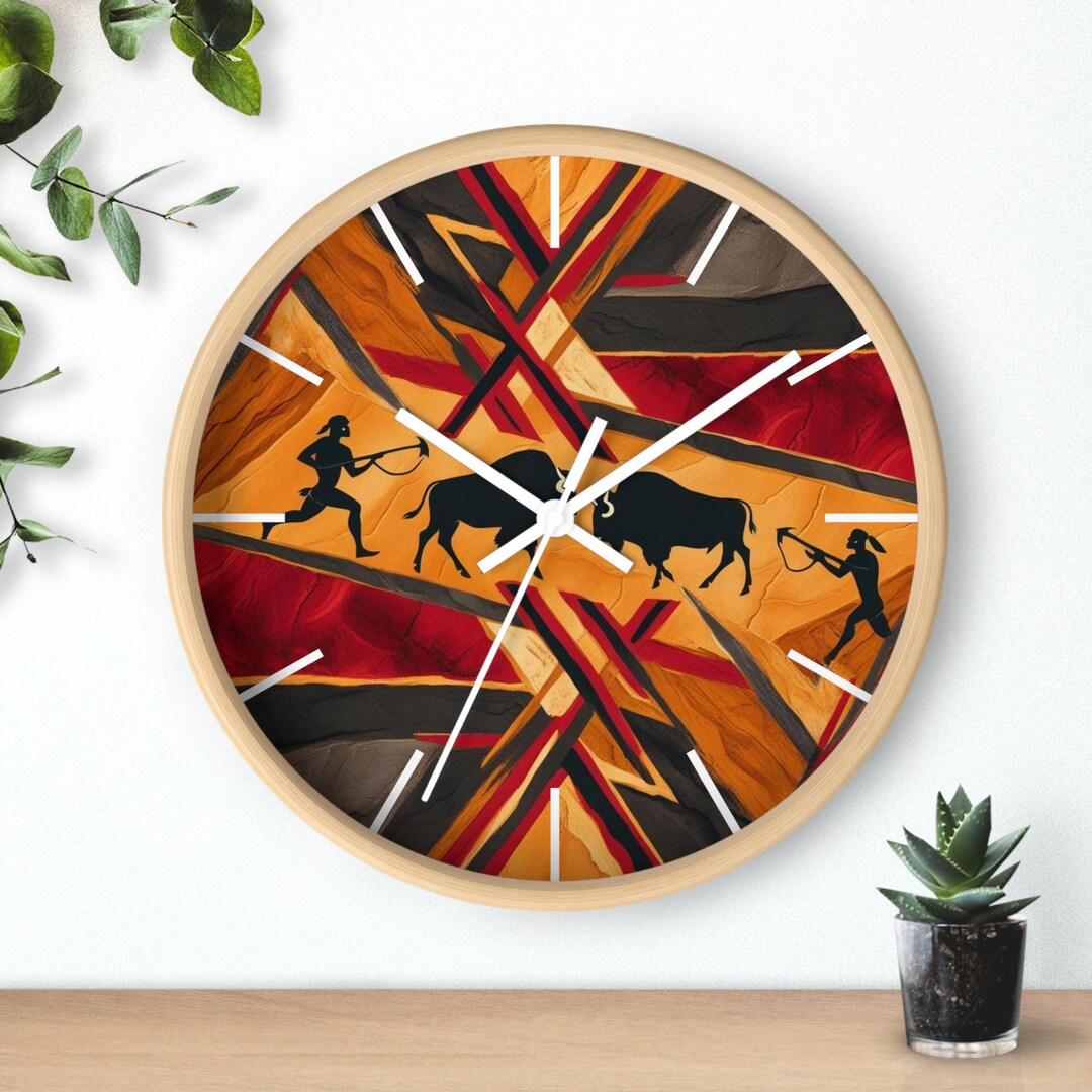 Rustic Caveman Art Wall Clock - Handcrafted Primitive Decor, Unique ...