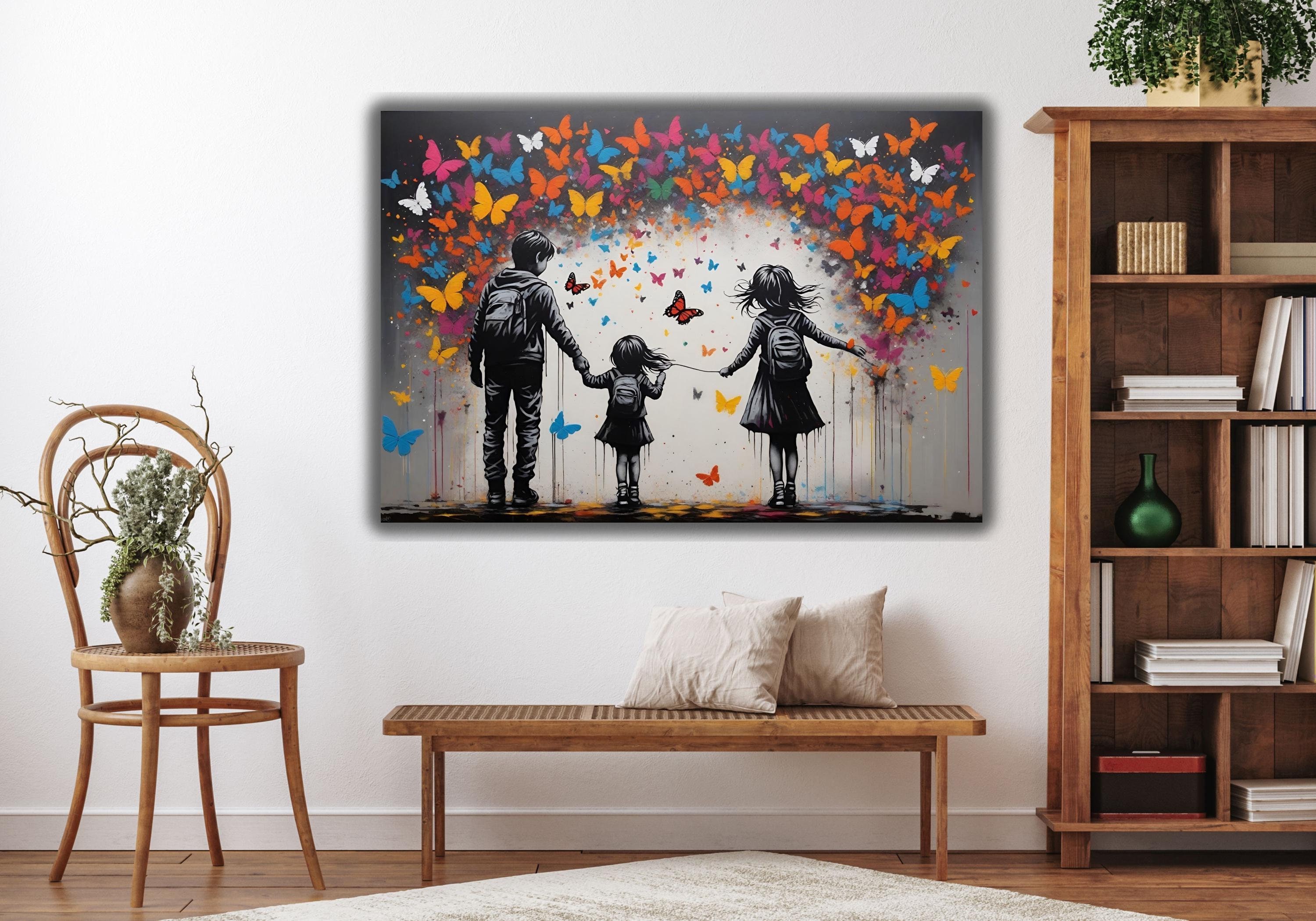 Banksy Bro and Sis Butterflies Canvas Wall Art,urban Children Wall Art ...