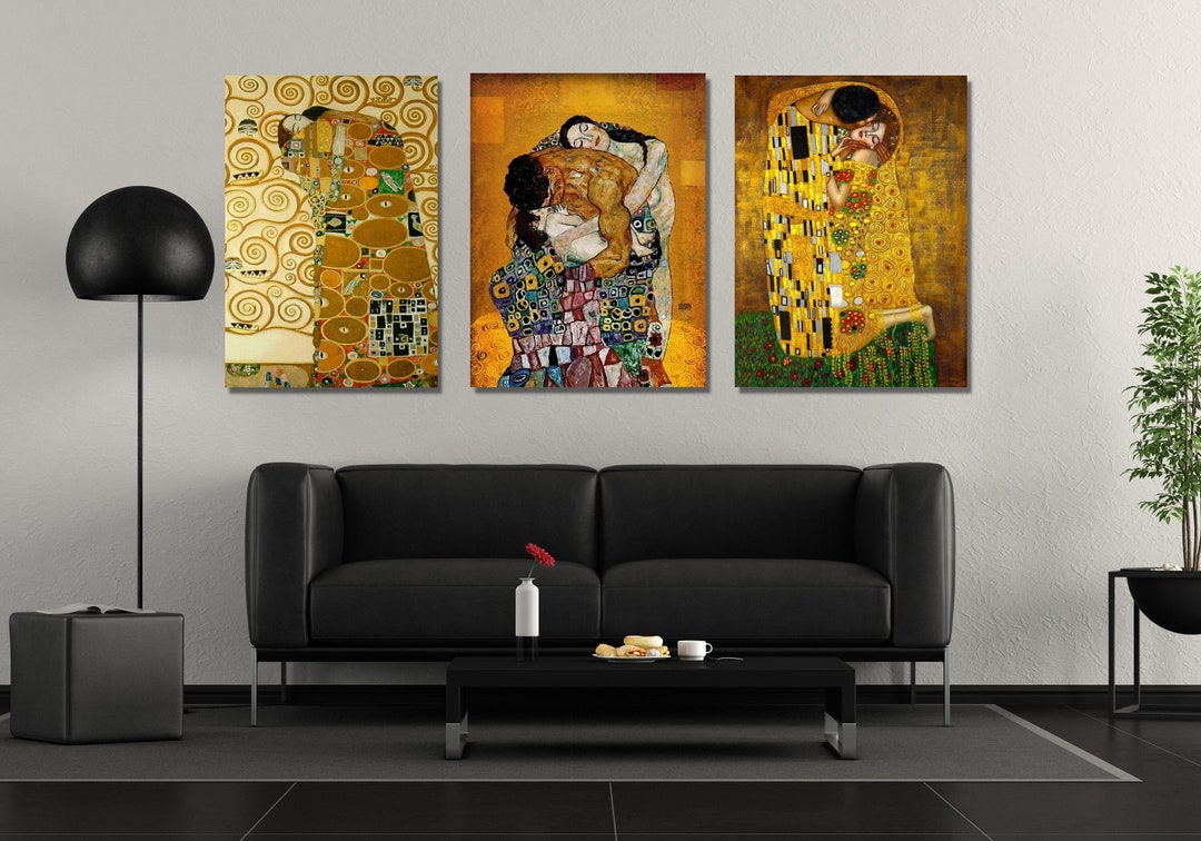 Set of 3 Gustav Klimpt Love Kiss Family Paintings Canvas Wall Arts ...