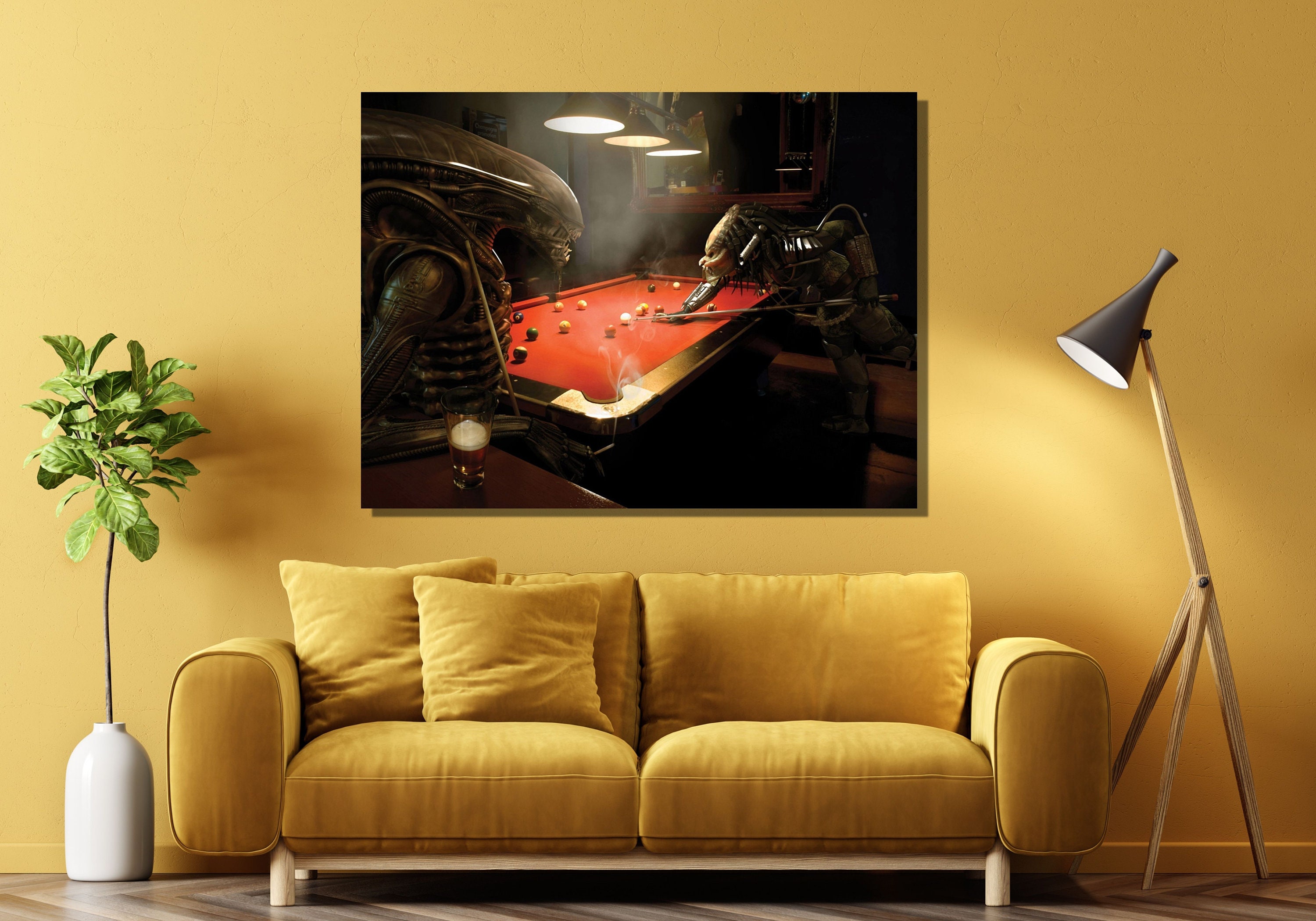 Alien Vs Predator Playing Pool Match Poster Canvas Wall Art,alien Vs ...