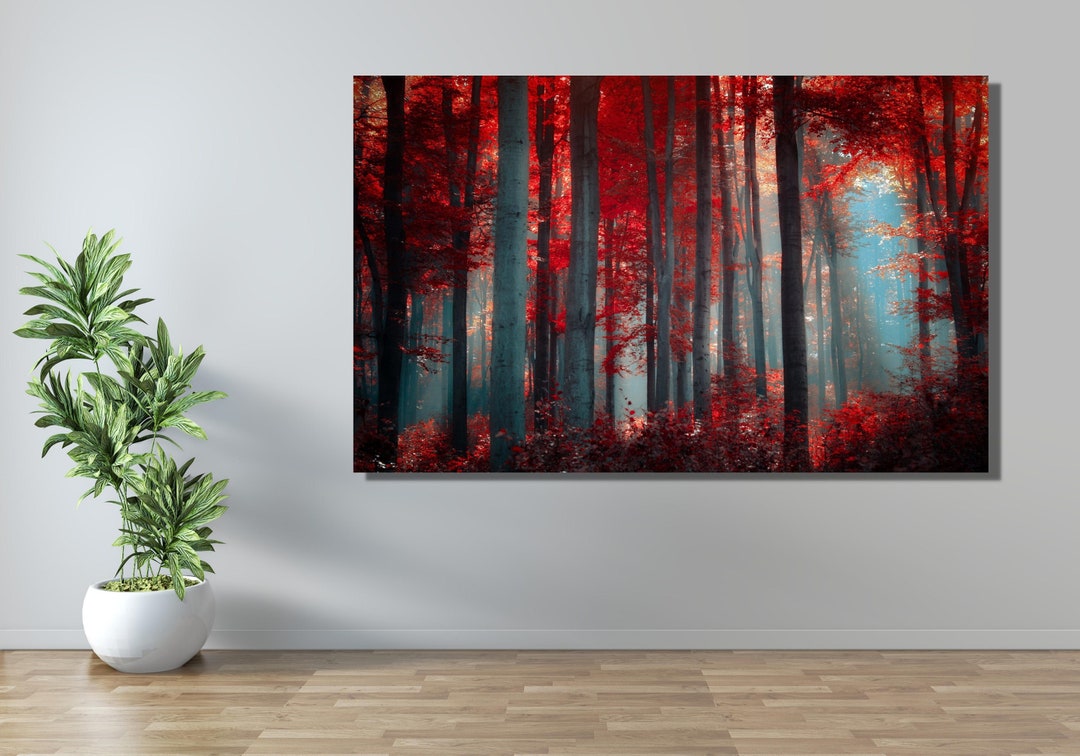 Beautiful Red Tree Park Print,red Leaves Forest Canvas Wall Art ...