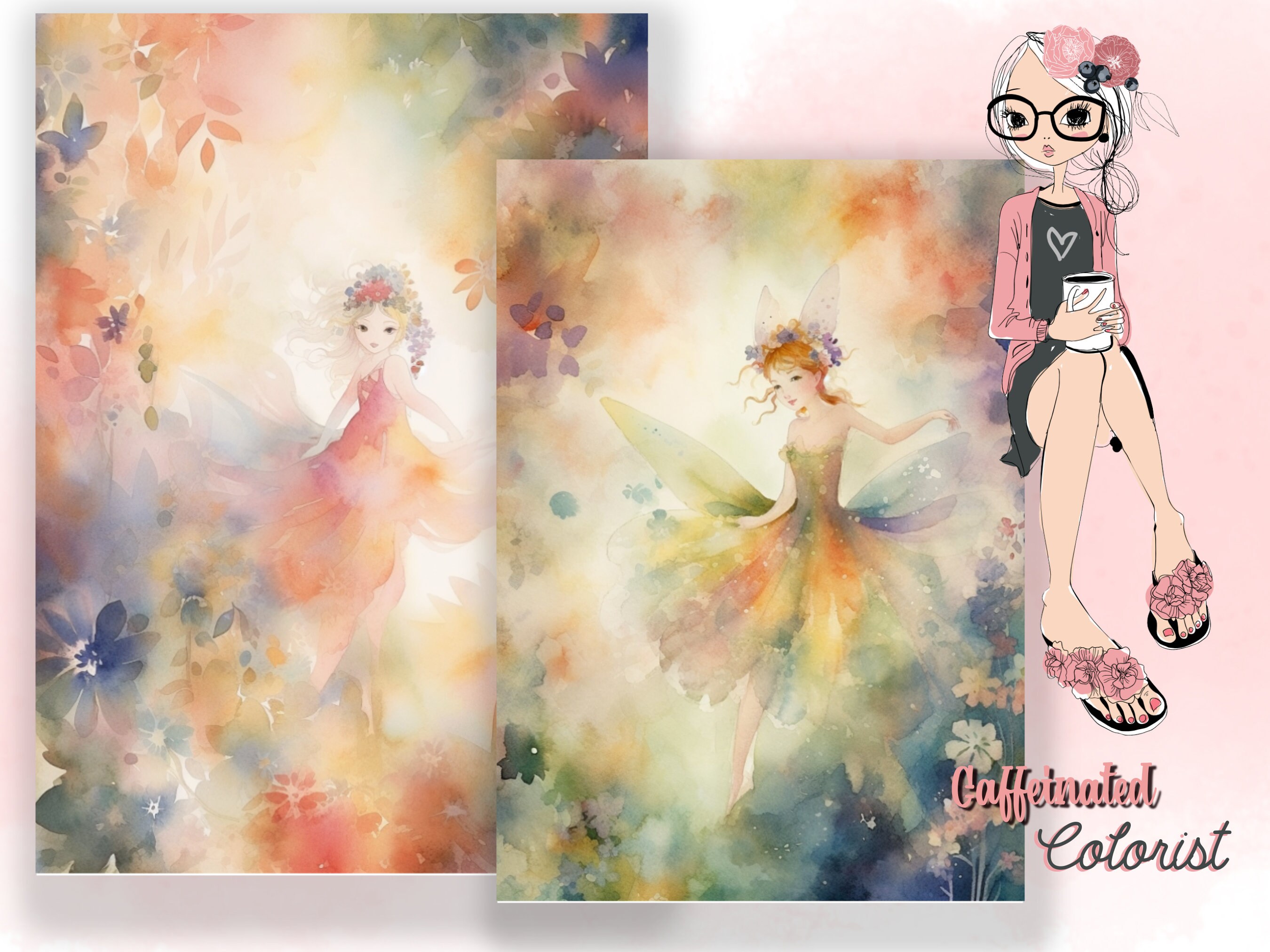 Reverse Coloring Pages, Fairies and Flowers Vol 1. Water Color Art ...