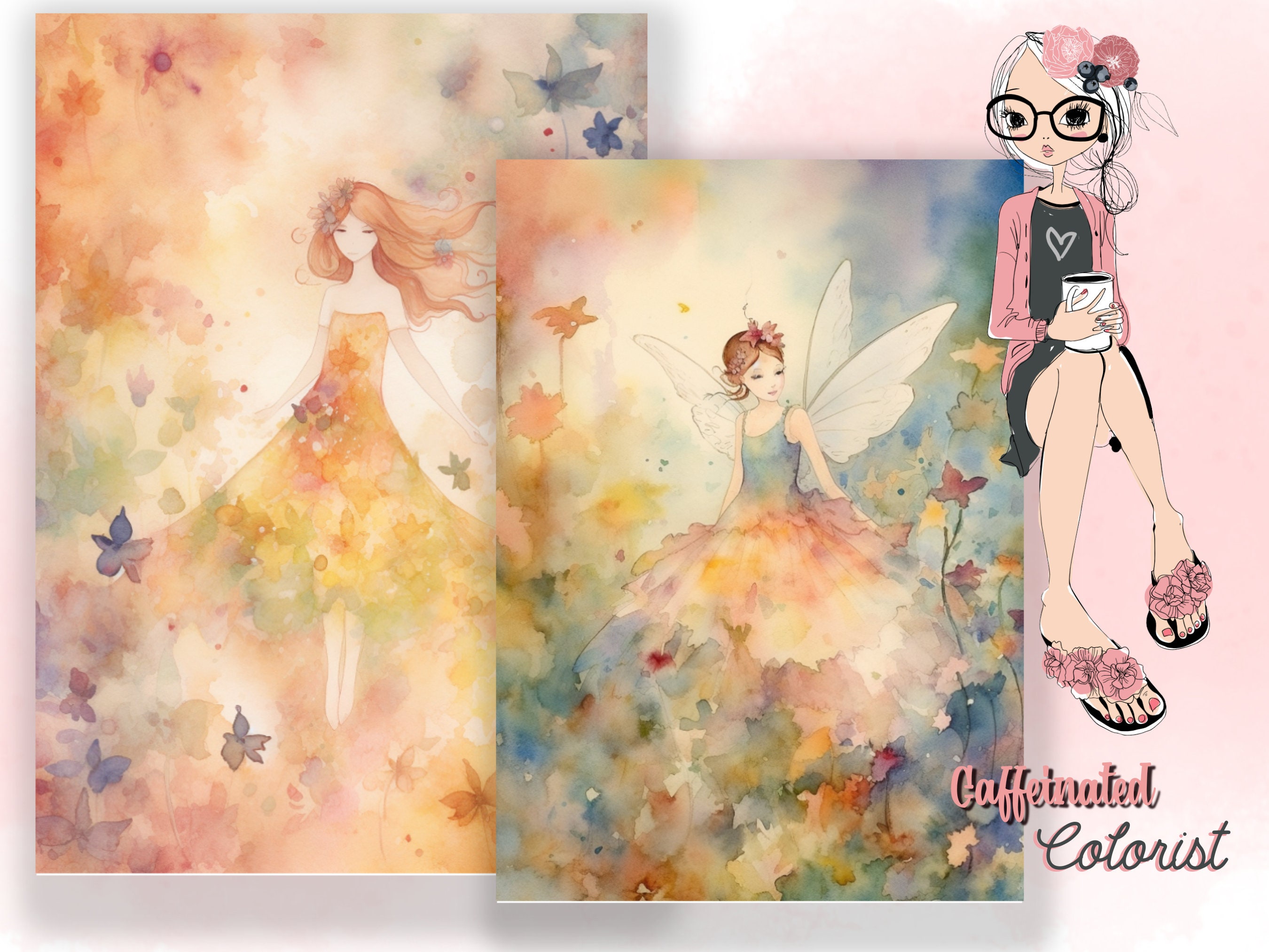 Reverse Coloring Pages, Fairies and Flowers Vol 1. Water Color Art ...