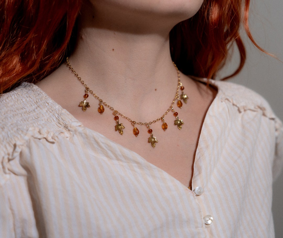 Falling Leaves Necklace, Whimsigoth Fall Charm Necklace, Golden Drop ...