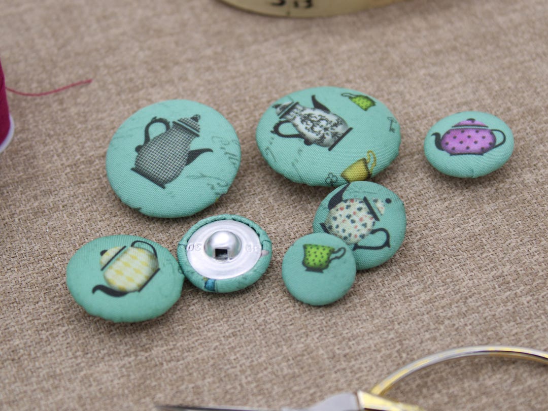 Afternoon Tea Inspired Buttons - Teal Teapot and Cup Fabric Button ...
